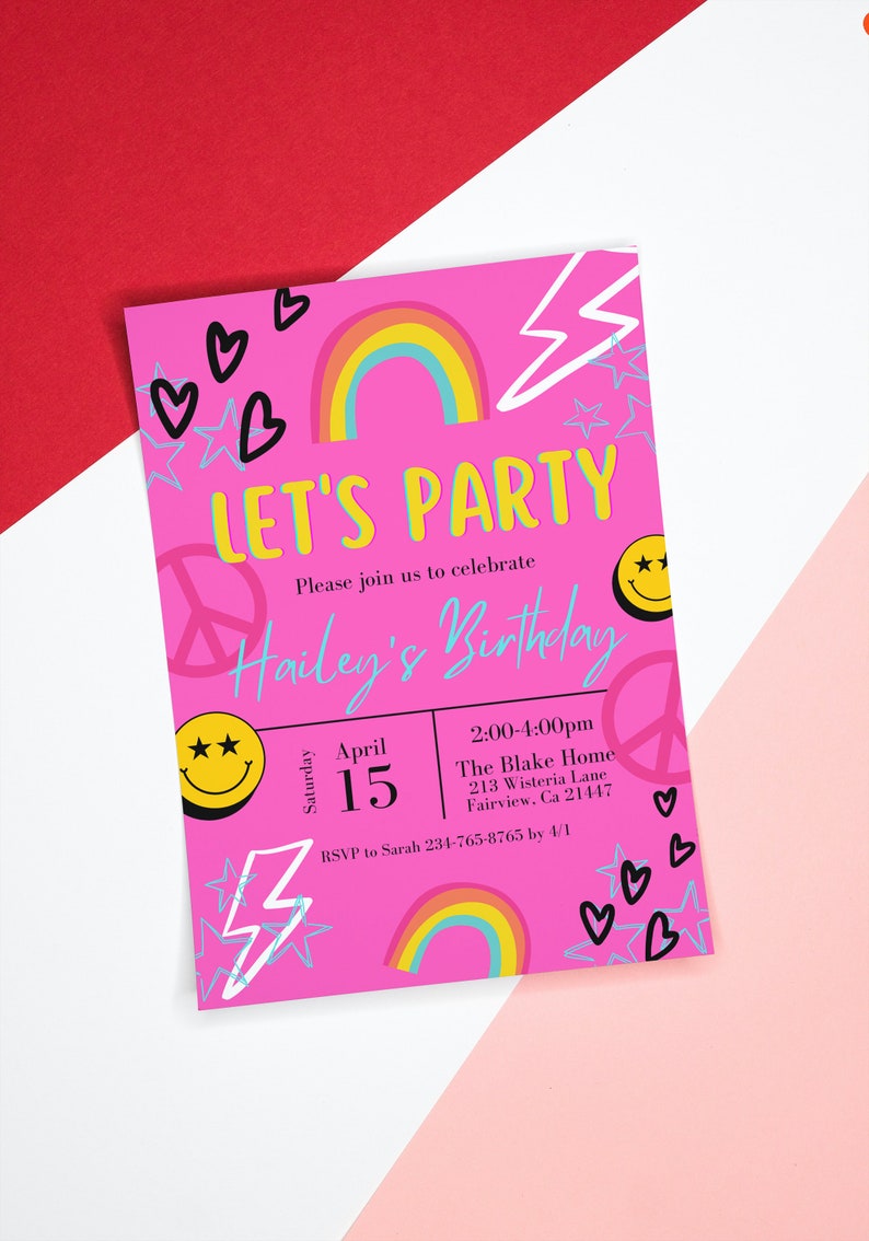 Editable Retro Girls Rainbow Smile Birthday Invitation, Hot Pink Invite ...
