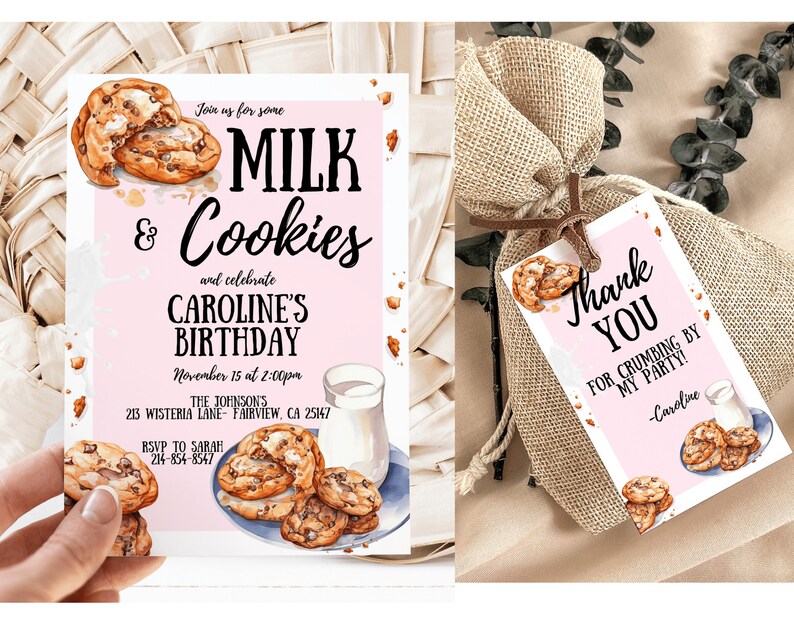 Editable Milk and Cookies Birthday Invitation Template, Light Pink Milk ...