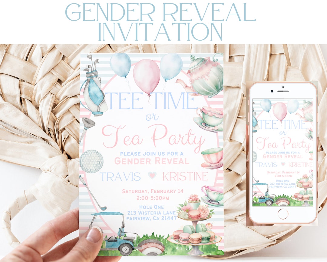 Tee Time or Tea Party? Gender Reveal Invitation, Golf or Tea, Boy or ...