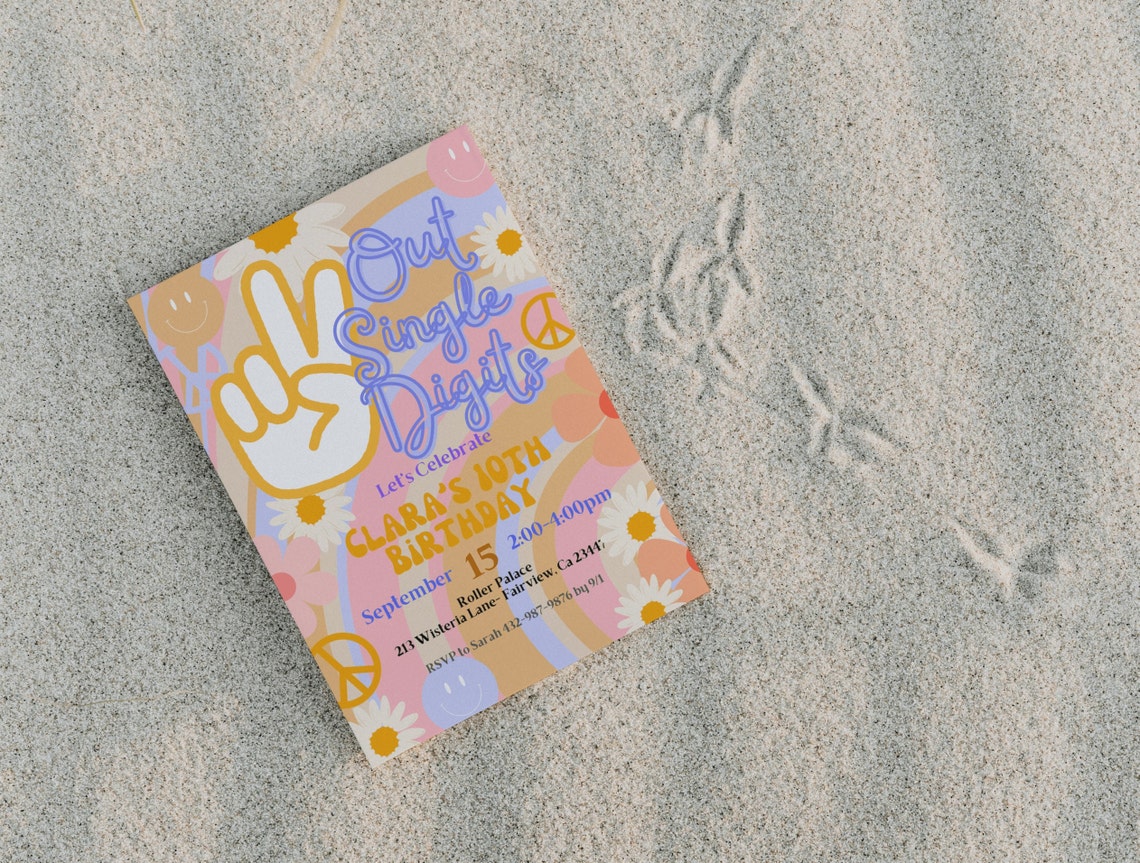 Editable Retro Peace Out Single Digit Invitation Template - Etsy