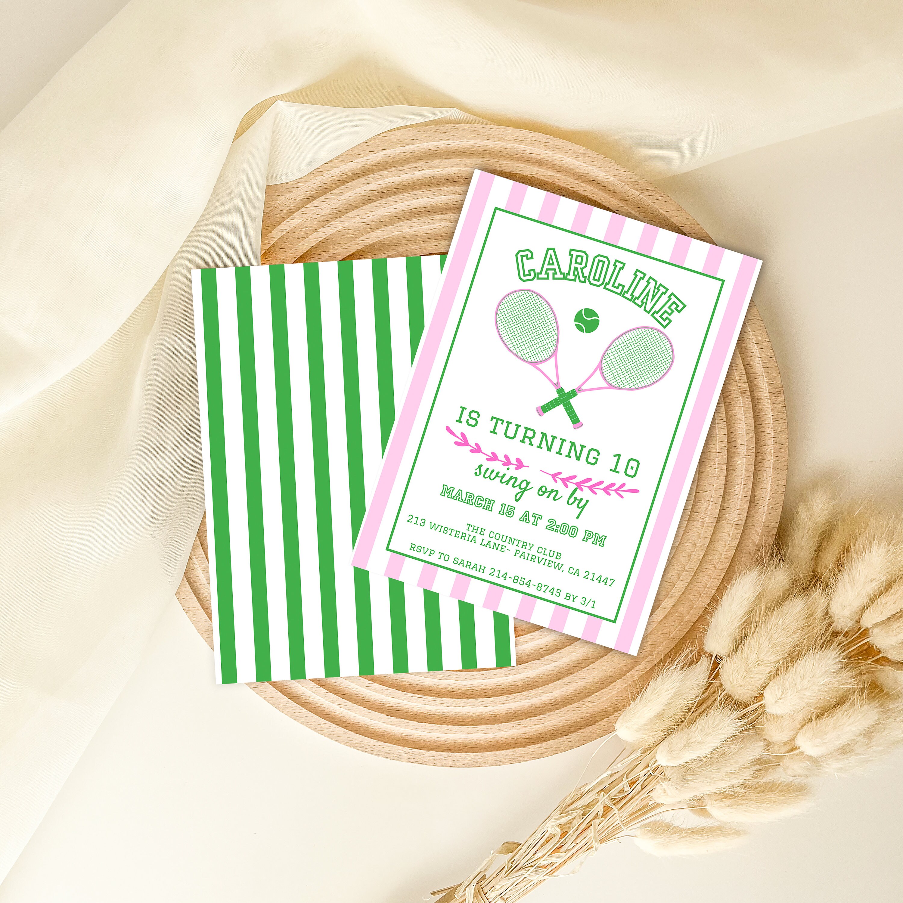 Editable Print and Green Striped Girl's Tennis Birthday Invitation and ...