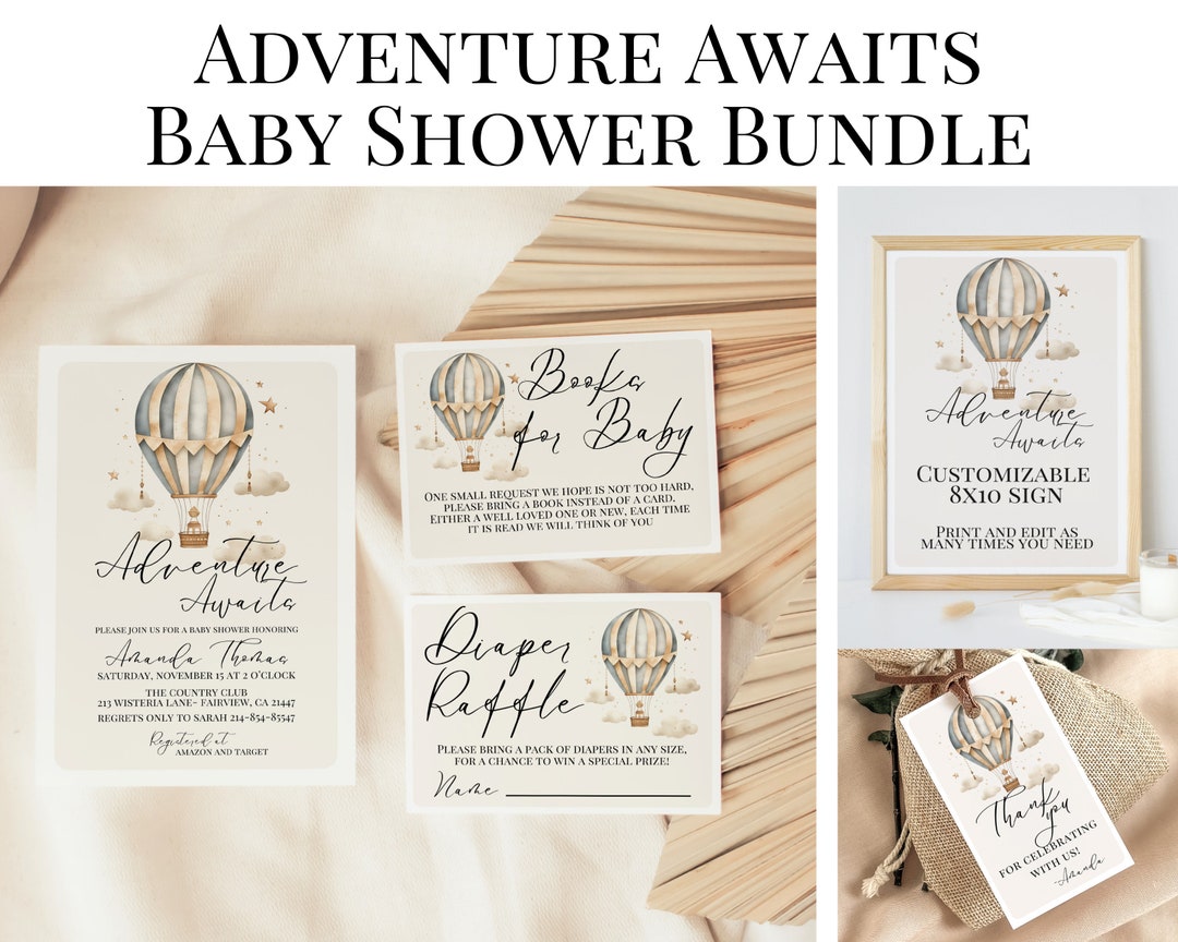 Editable Adventure Awaits Hot Air Balloon Baby Shower Bundle, Boho ...