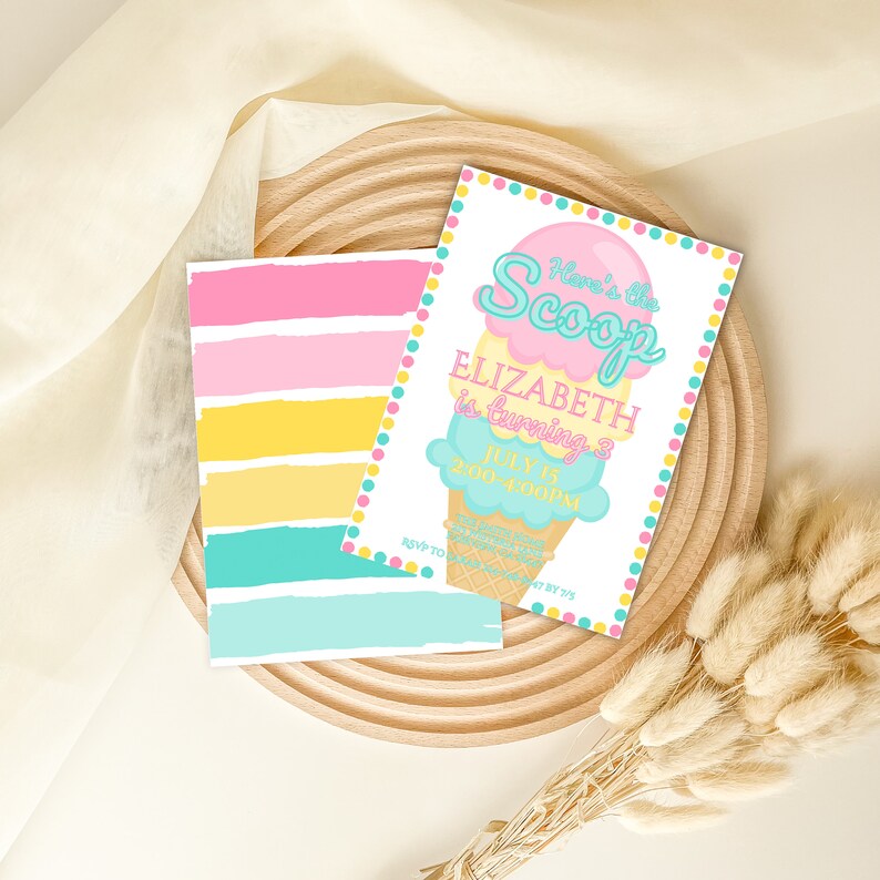 Editable Here's the Scoop Ice Cream Cone Birthday Invitation Template ...