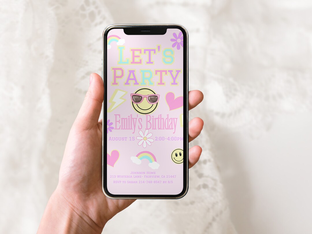 Editable Preppy Let's Party Animated Digital Invitation, Pink Smile ...