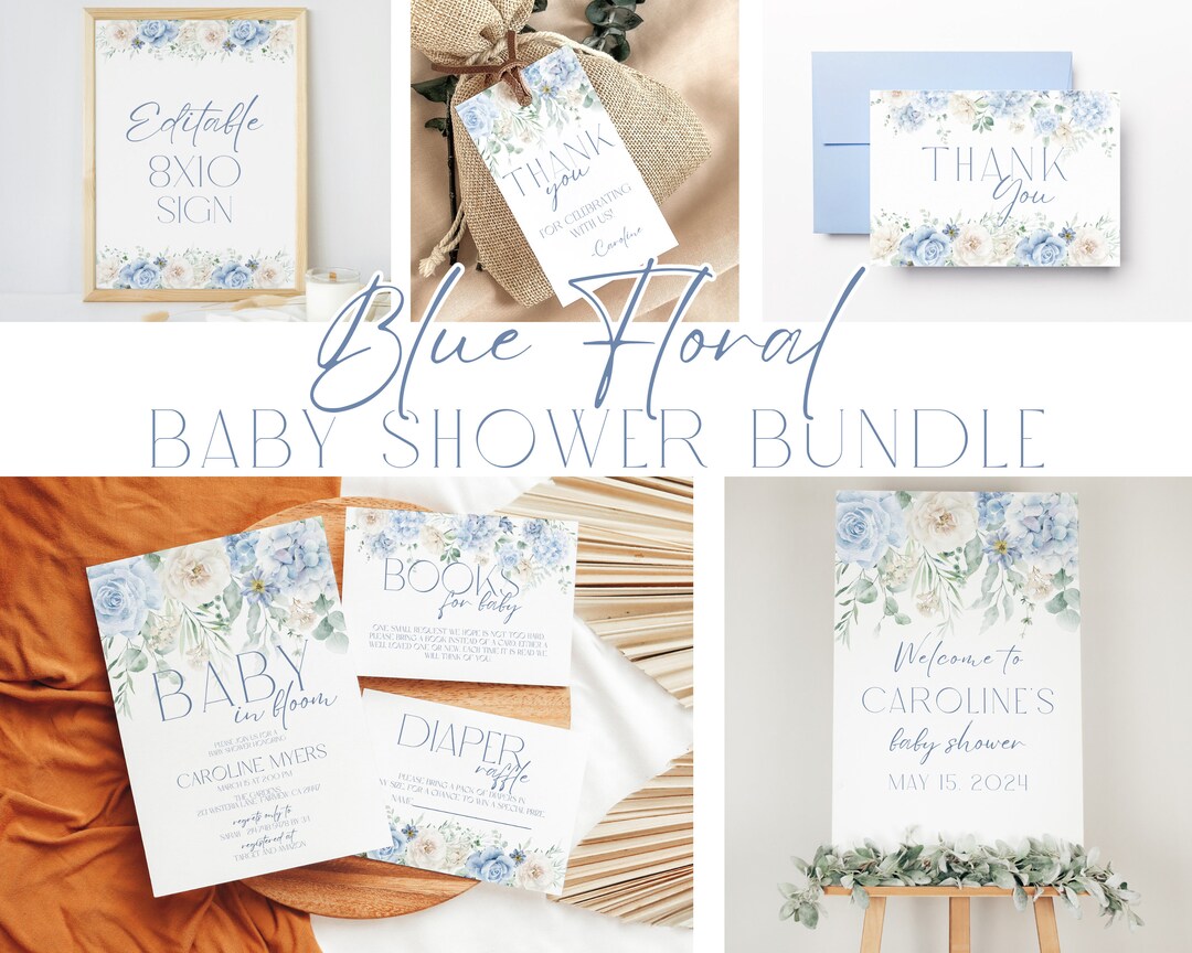 Editable Blue Foral Baby in Bloom Baby Shower Essentials Bundle, Spring ...