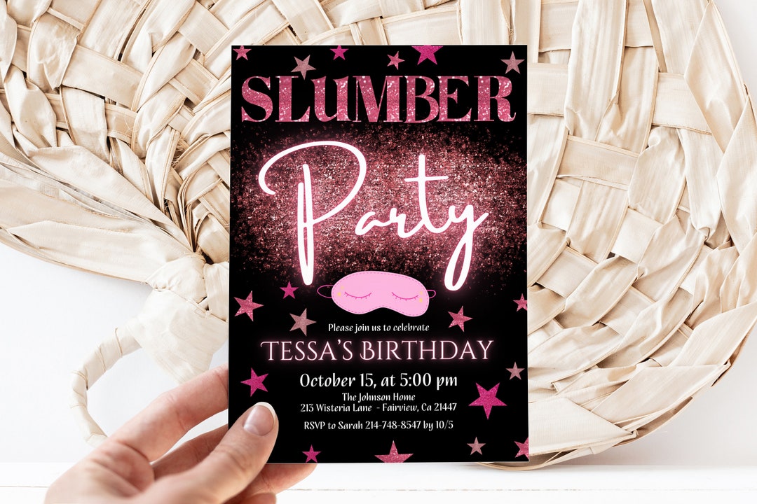 Editable Pink Glitter Slumber Party Invitation Template, Sleepover ...