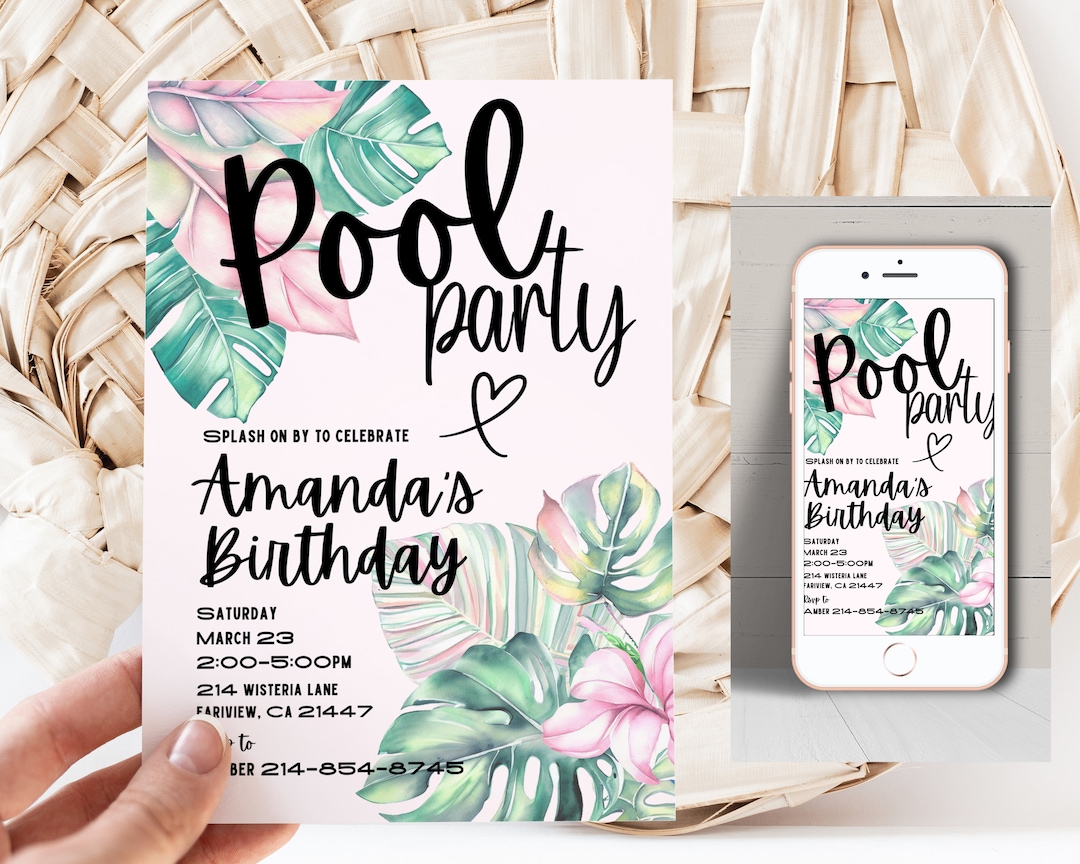 Editable Tropical Pool Party Invitation Template, Tropical Palm Leaves ...