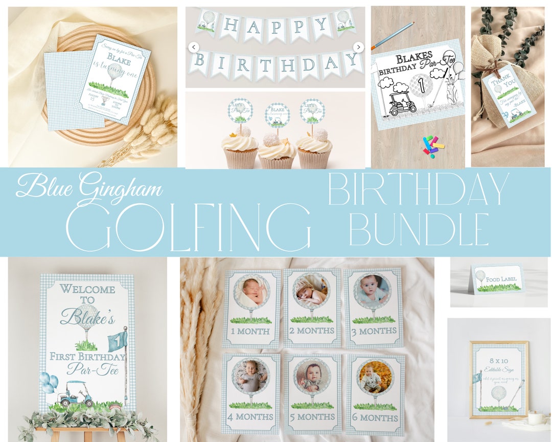 Editable Preppy Blue Gingham Golfing Birthday Party Bundle, Swing on by ...