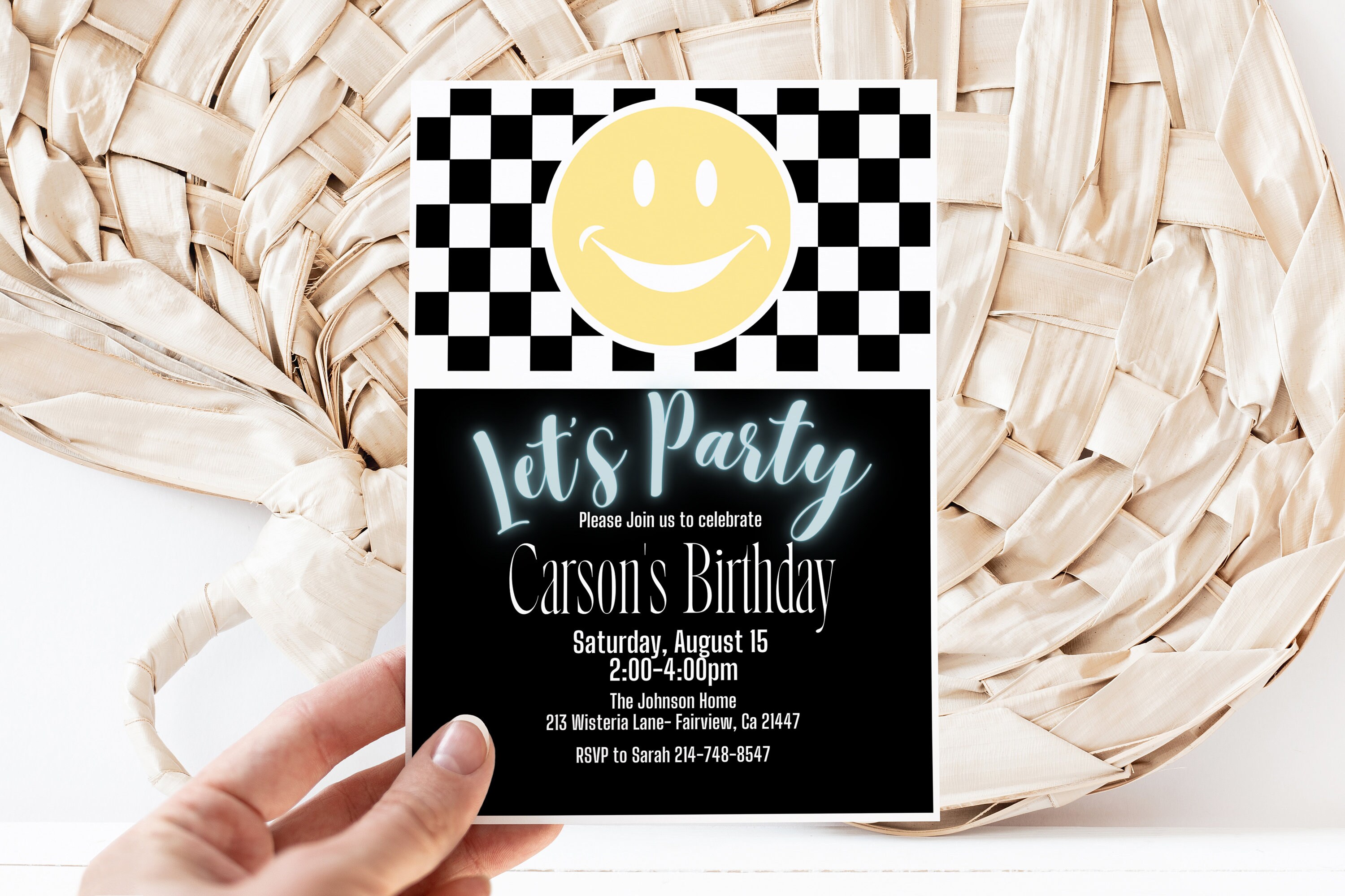 Editable Black and White Smile Face Birthday Invitation Template, Black ...