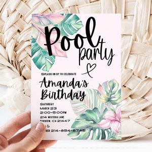 Editable Tropical Pool Party Invitation Template, Tropical Palm Leaves ...
