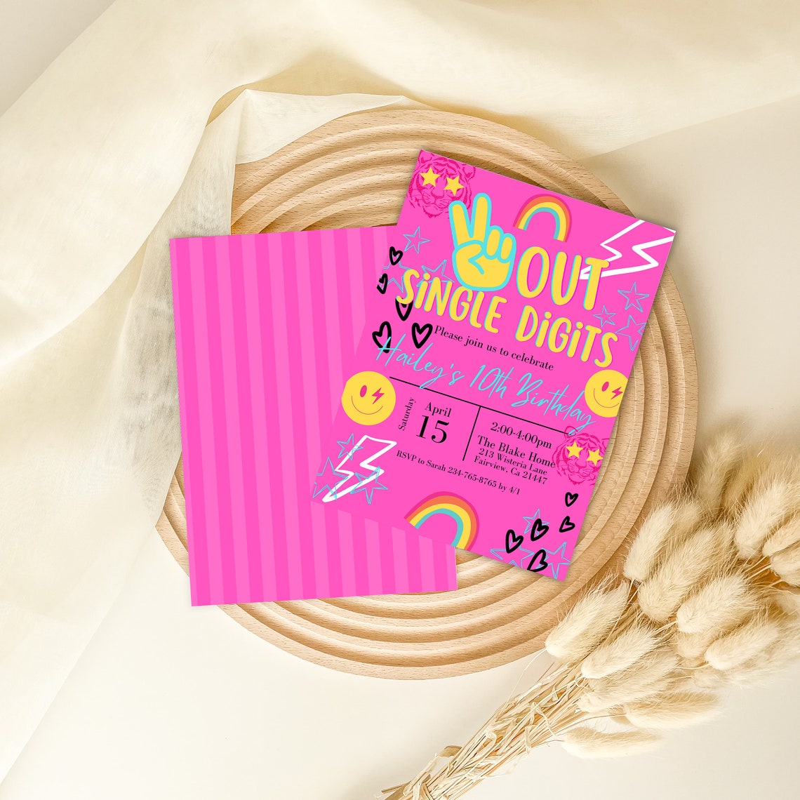 Editable Hot Pink Preppy Peace Out Single Digits Birthday Invitation ...