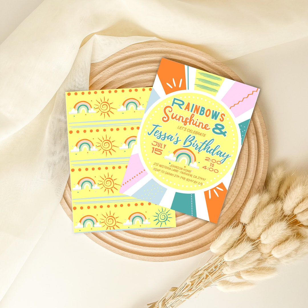 Editable Rainbows and Sunshine Birthday Party Invitation, Retro Rainbow ...