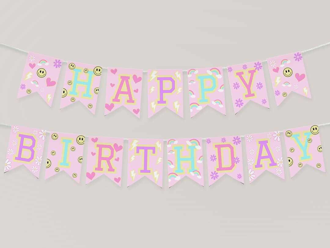 Editable Happy Birthday Banner, Smile Face, Preppy Patches ...