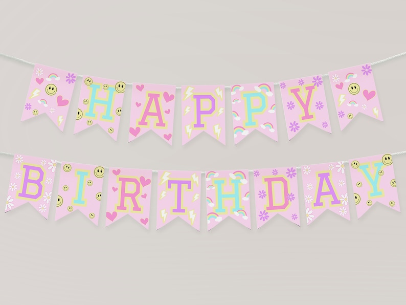 Editable Happy Birthday Banner Smile Face Preppy Patches - Etsy