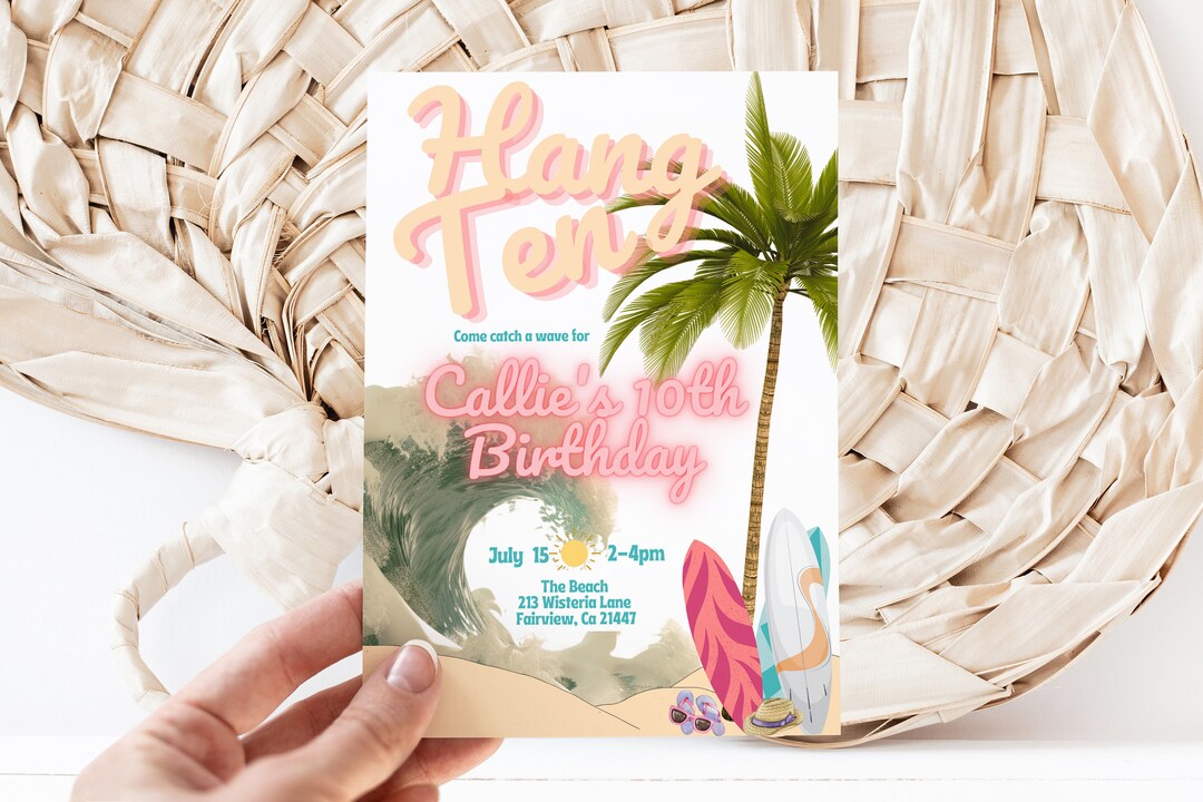 Editable Hang Ten Surfing Birthday Invitation Template, Girl's Surf ...