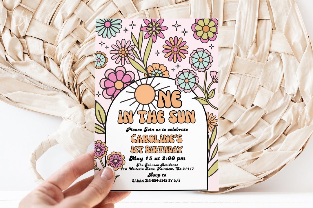 Editable One in the Sun Girl's Birthday Invitation Template, Retro ...
