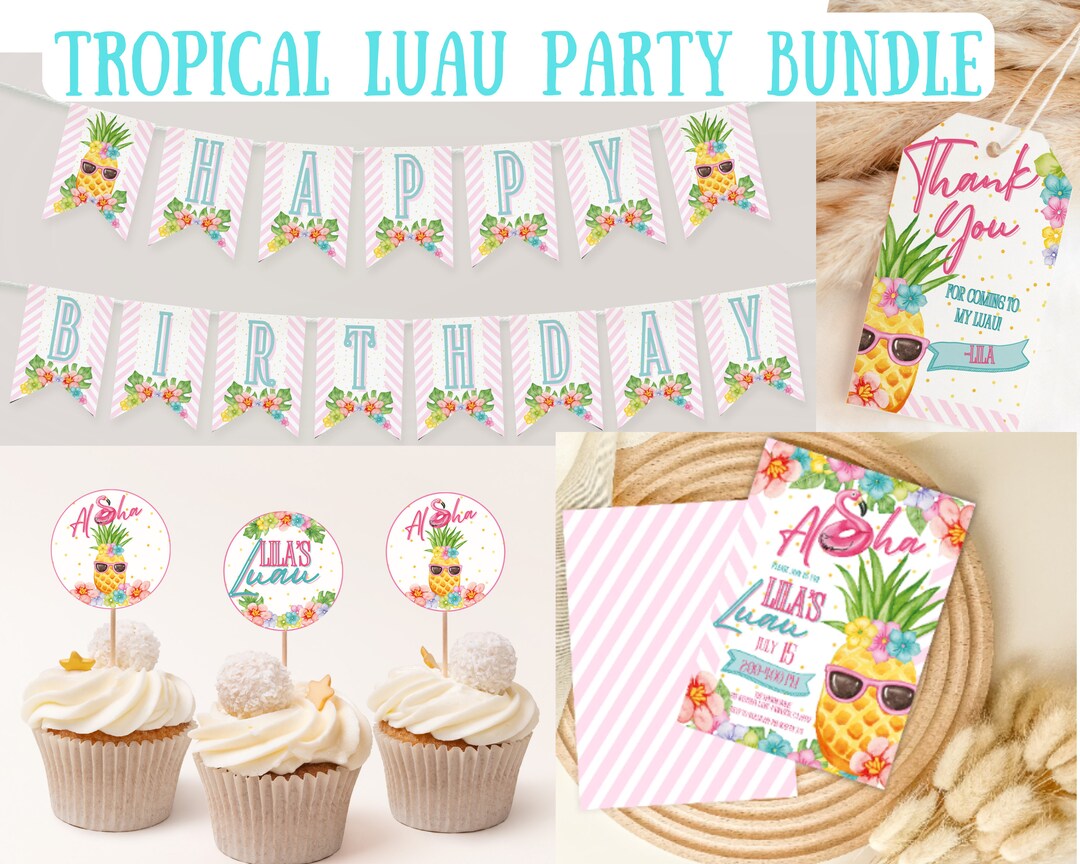Editable Tropical Luau Party Bundle, Hawaiian Pineapple Birthday Party ...