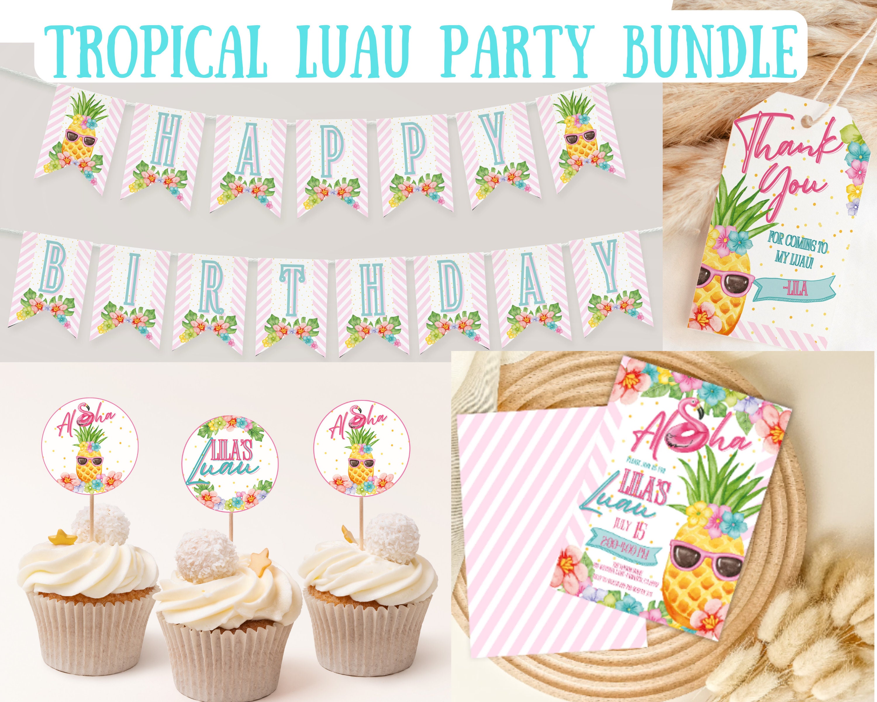 Editable Tropical Luau Party Bundle, Hawaiian Pineapple Birthday Party ...