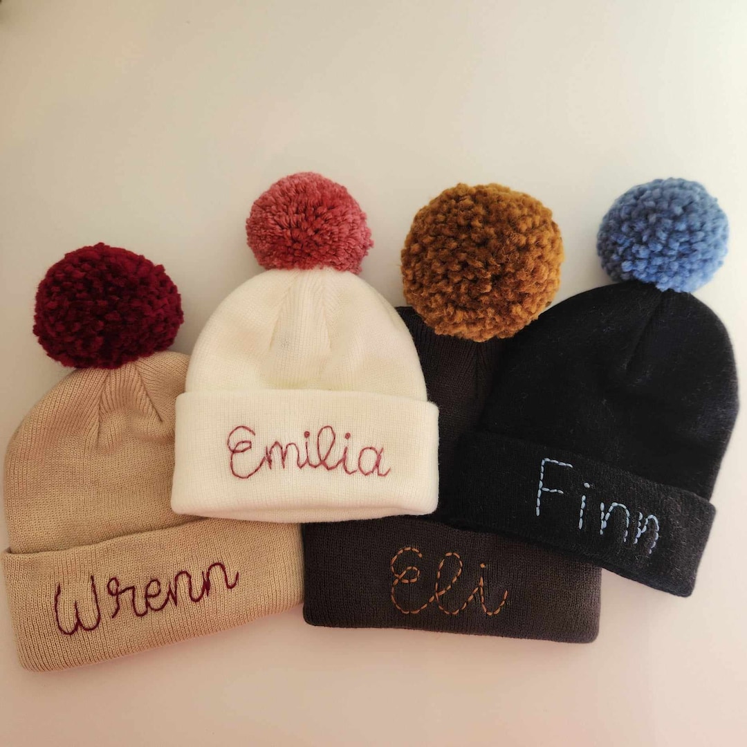 Personalized Beanie, Hand Embroidered Beanie, Custom Name Toboggan, Pom ...