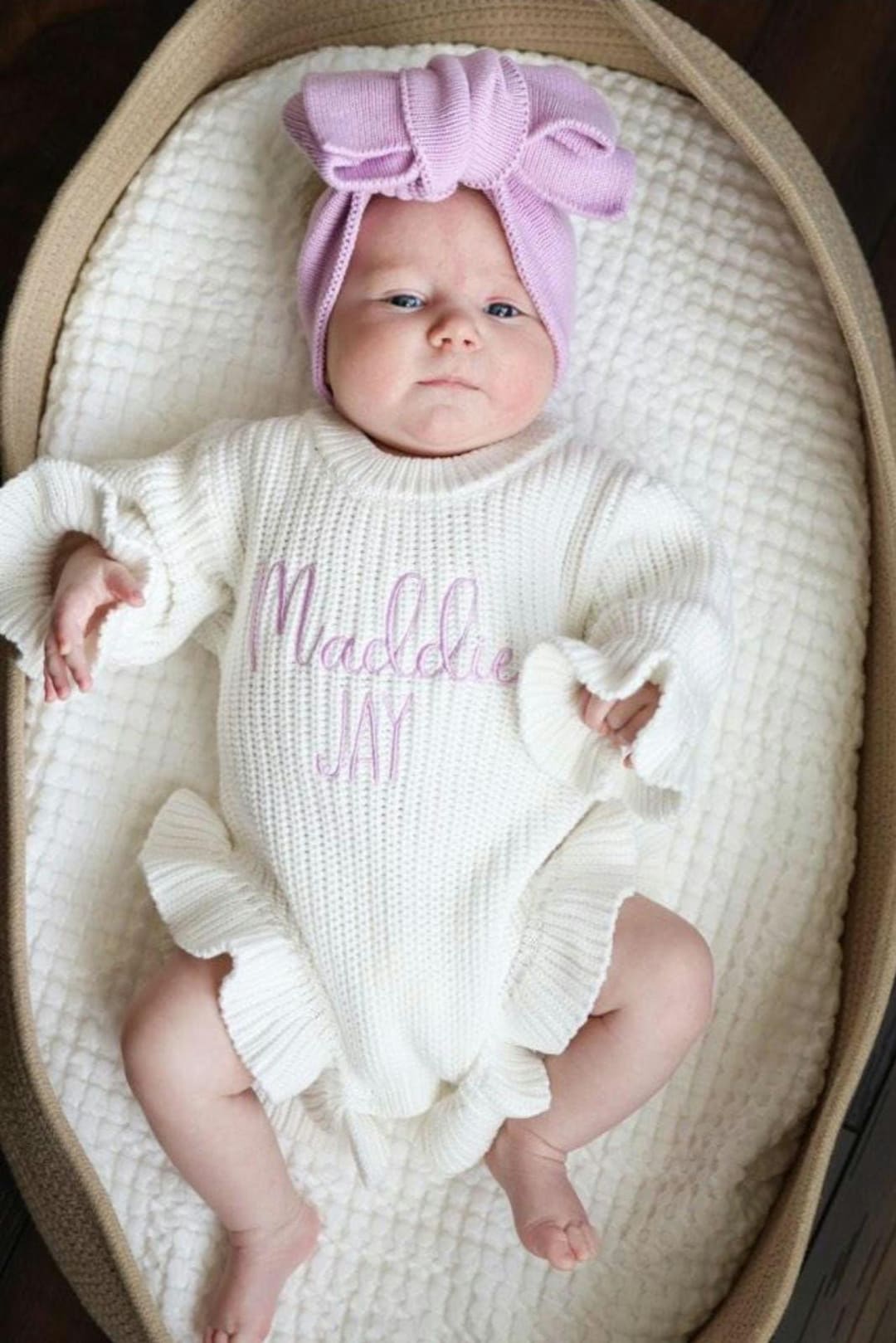 Embroidered Ruffle Romper, Birth Announcement for Baby Girl, Knit ...