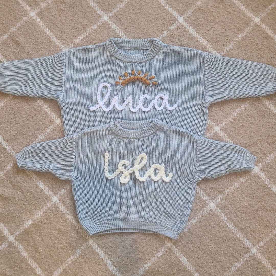 Sky Blue Baby Name Sweater Hand Embroidered Sweater Easter - Etsy