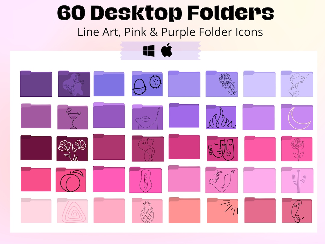 Pink Purple Desktop Folder Icon for Macos & Windows Wallpaper Line Art ...