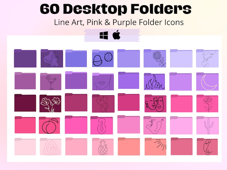 Pink Purple Desktop Folder Icon for Macos & Windows Wallpaper Line Art ...