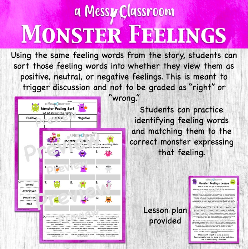 Monster Feelings and Emotions Halloween Thematic Unit Lesson Plan - Etsy