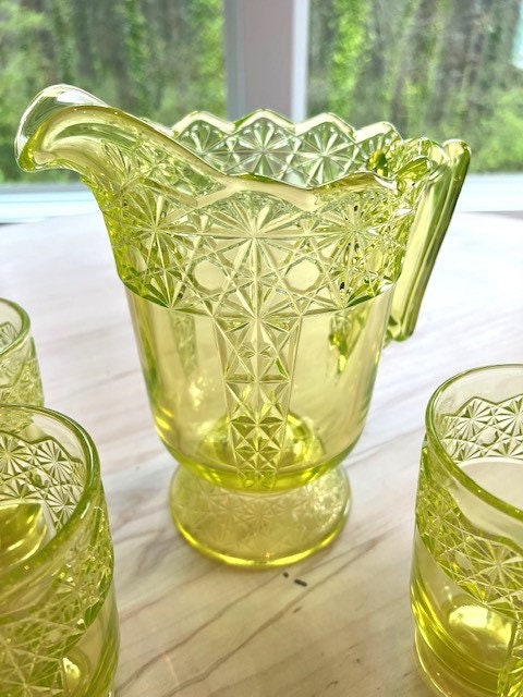 Exquisite Vintage Vaseline Uranium Glass Pitcher With Six Glasses ...