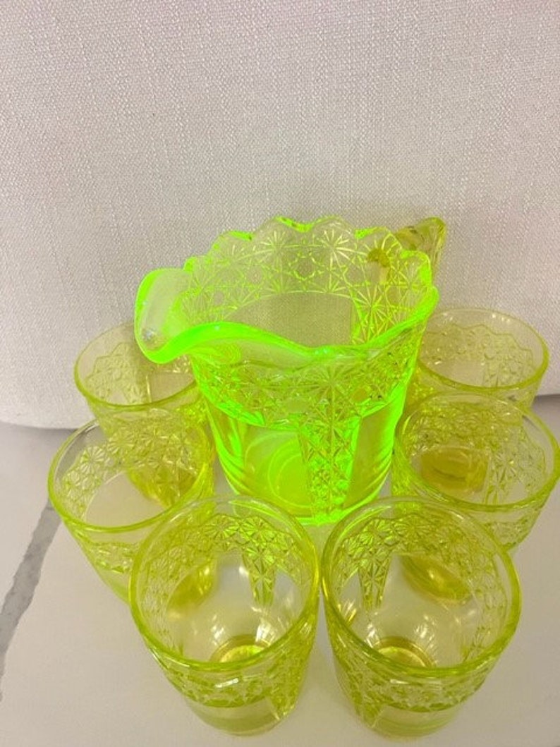 Exquisite Vintage Vaseline Uranium Glass Pitcher With Six Glasses ...