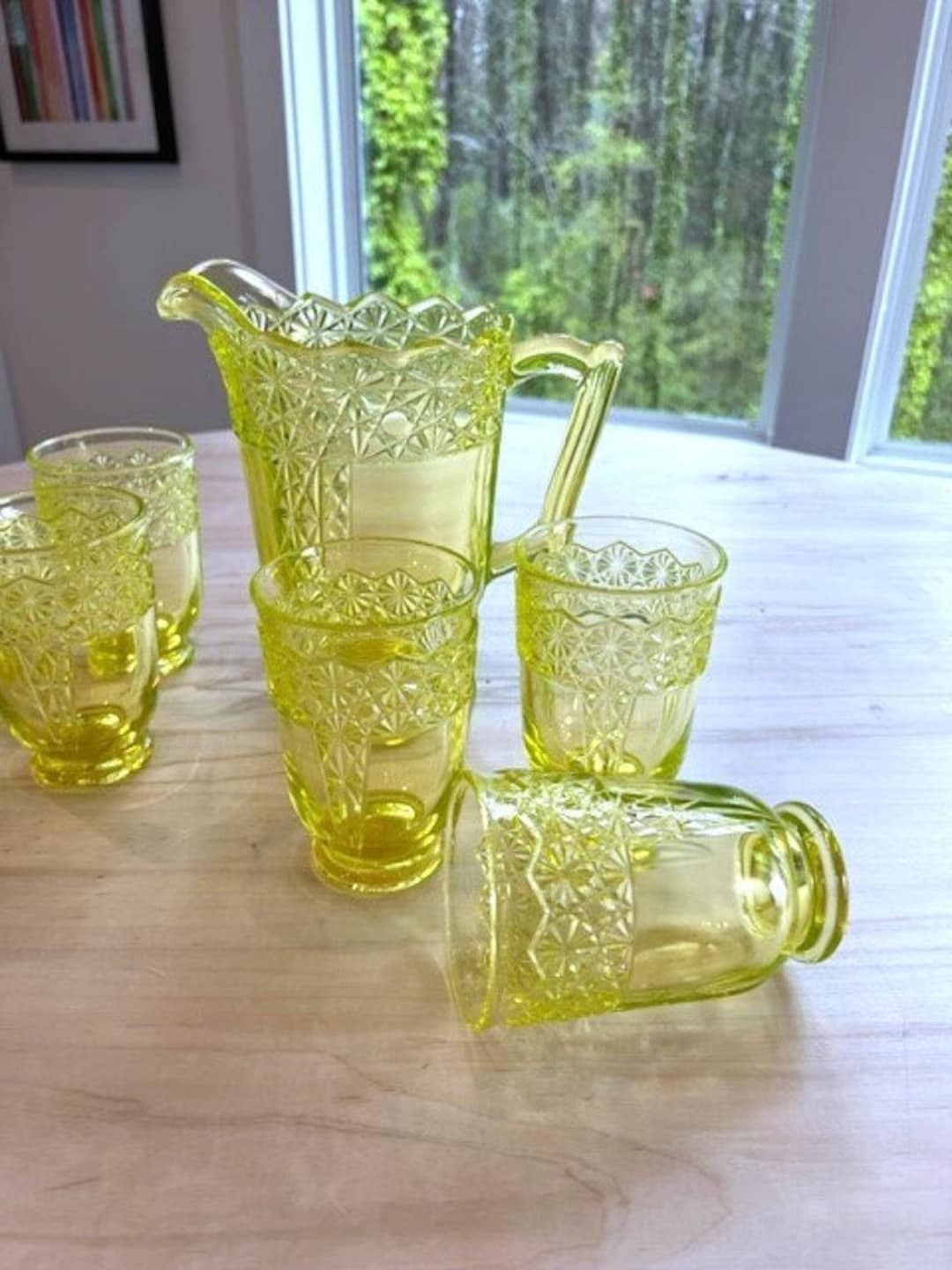 Exquisite Vintage Vaseline Uranium Glass Pitcher With Six Glasses ...