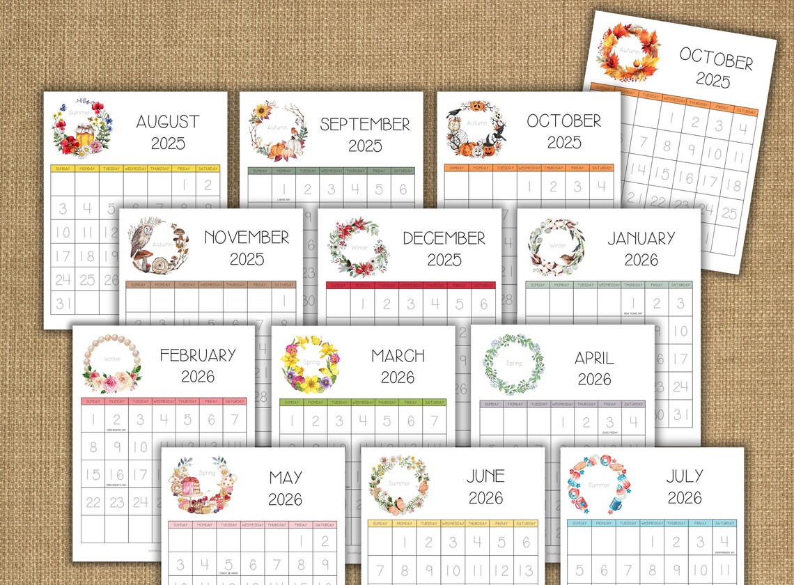 ENGLISH Traceable Monthly Calendar Set 2025-2026 | Homeschool Classroom ...