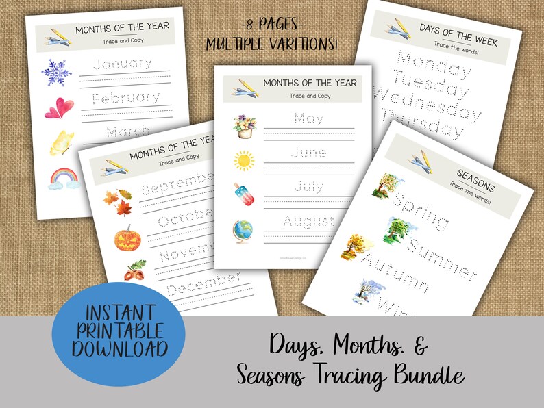 Days Months Seasons Tracing Bundle | Prewriting Practice Worksheets ...
