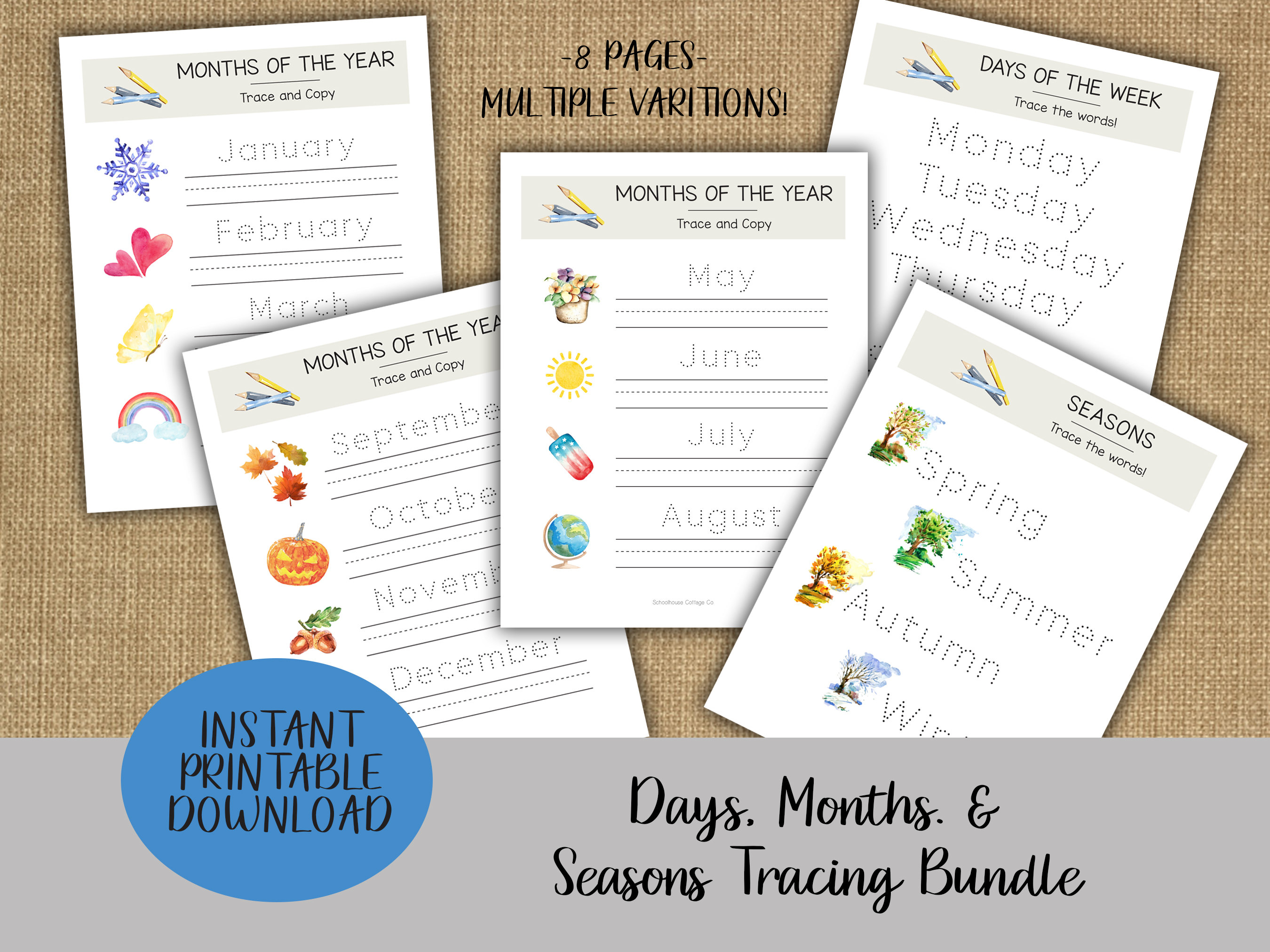 Days Months Seasons Tracing Bundle Prewriting Practice Worksheets ...