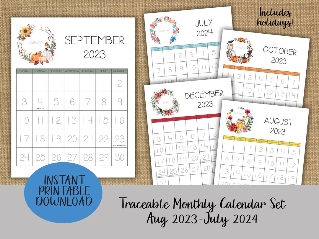ENGLISH Traceable Monthly Calendar Set 2023-2024 Homeschool - Etsy