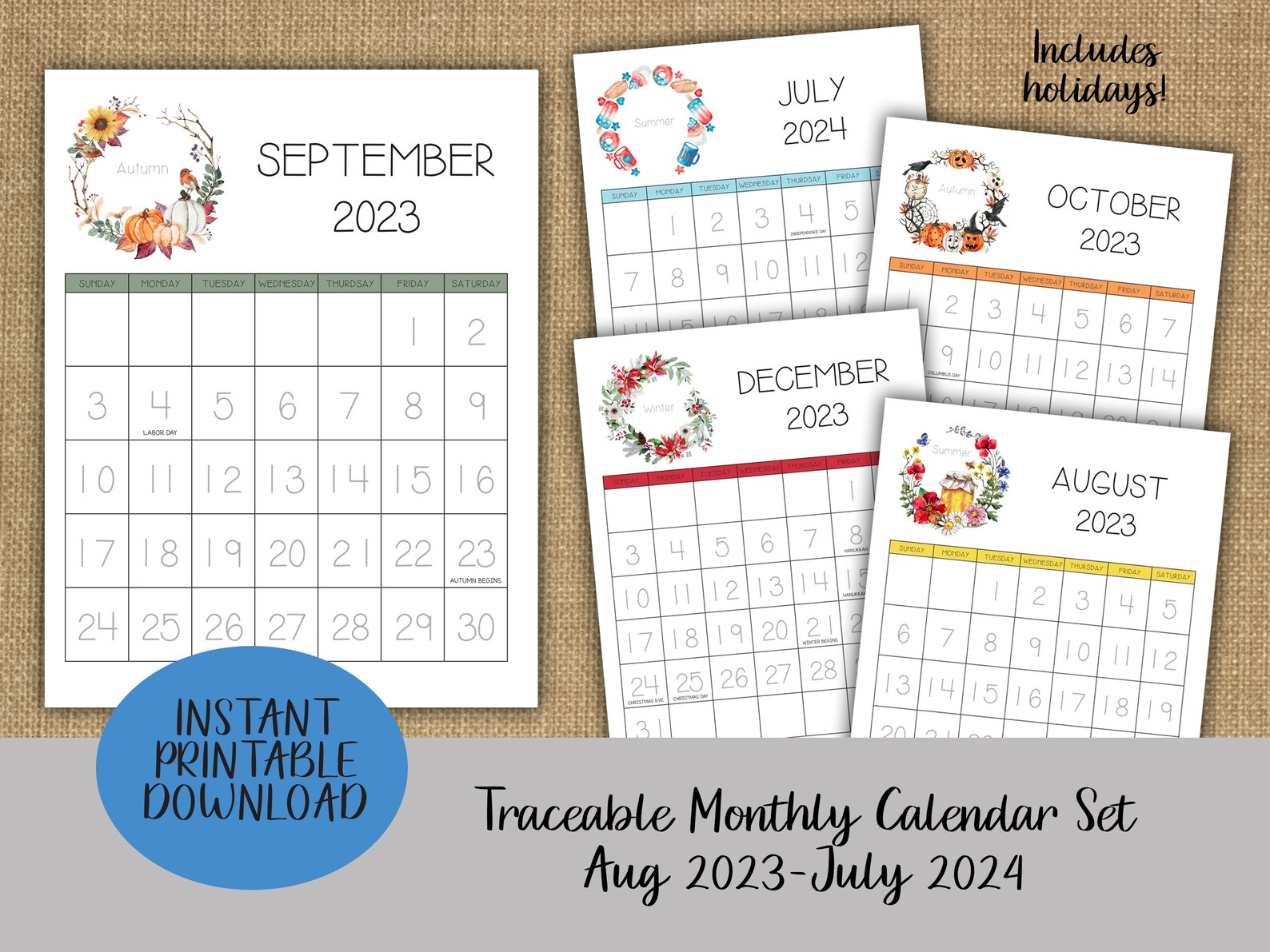 ENGLISH Traceable Monthly Calendar Set 2023-2024 Homeschool - Etsy