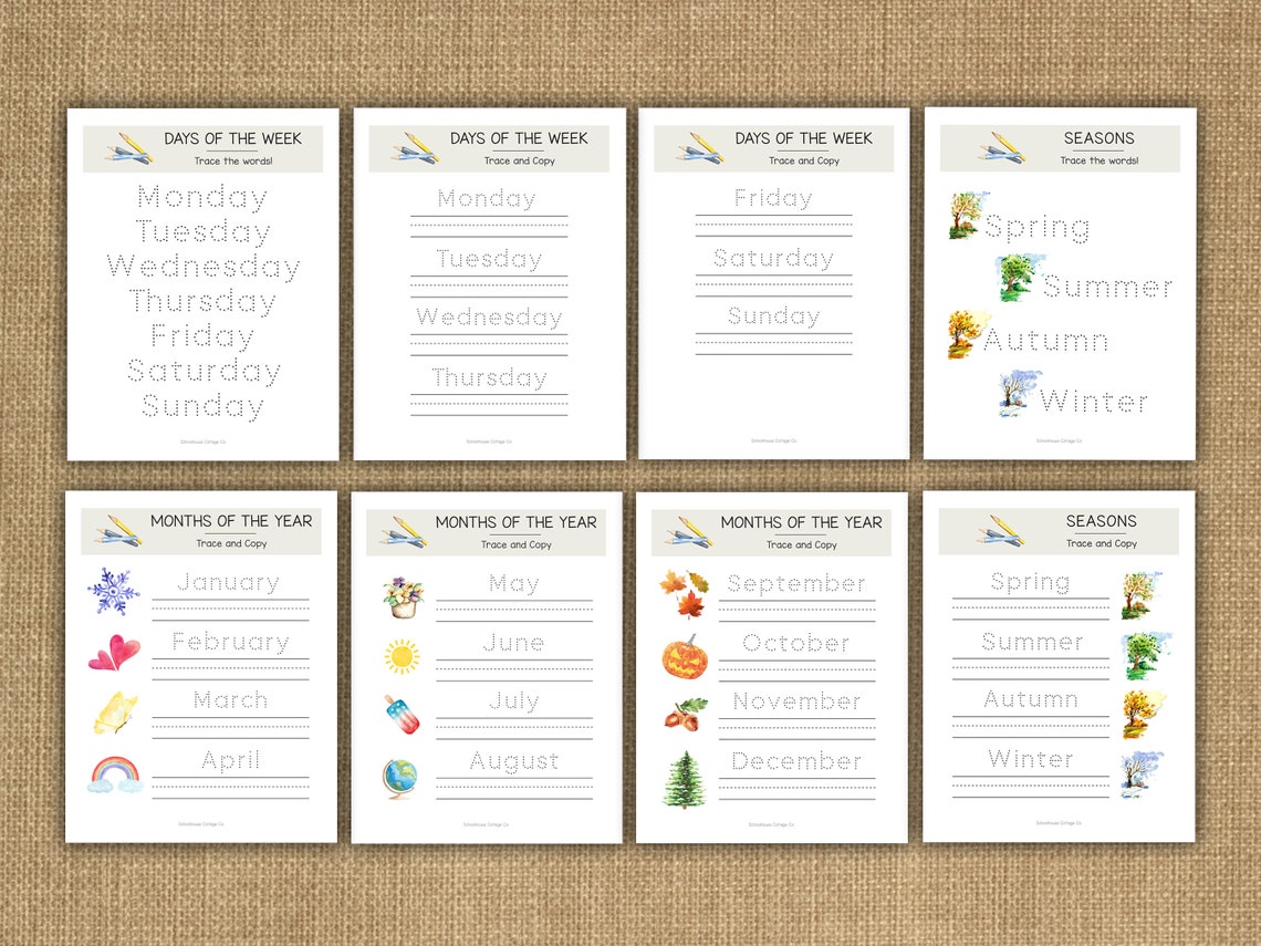 Days Months Seasons Tracing Bundle | Prewriting Practice Worksheets ...