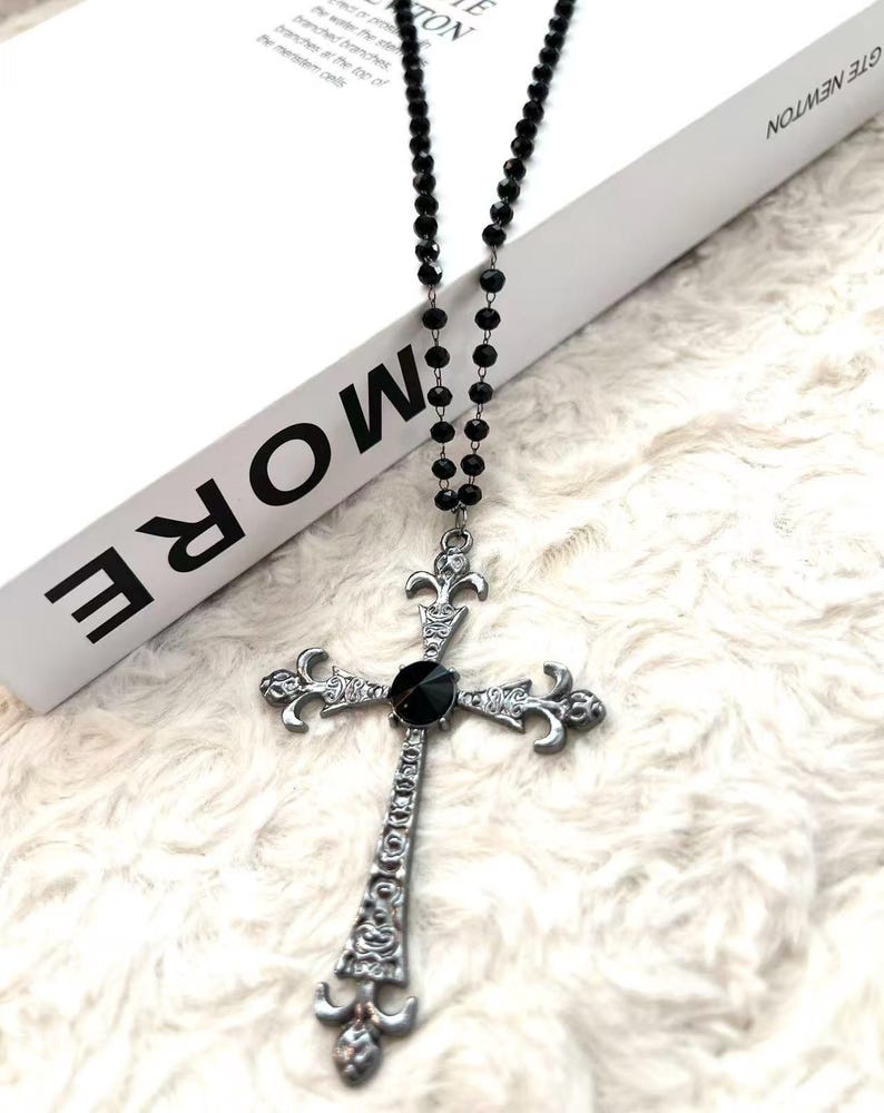 Gothic Black Bead Long Chain Cross Necklace| Vintage Silver Cross ...
