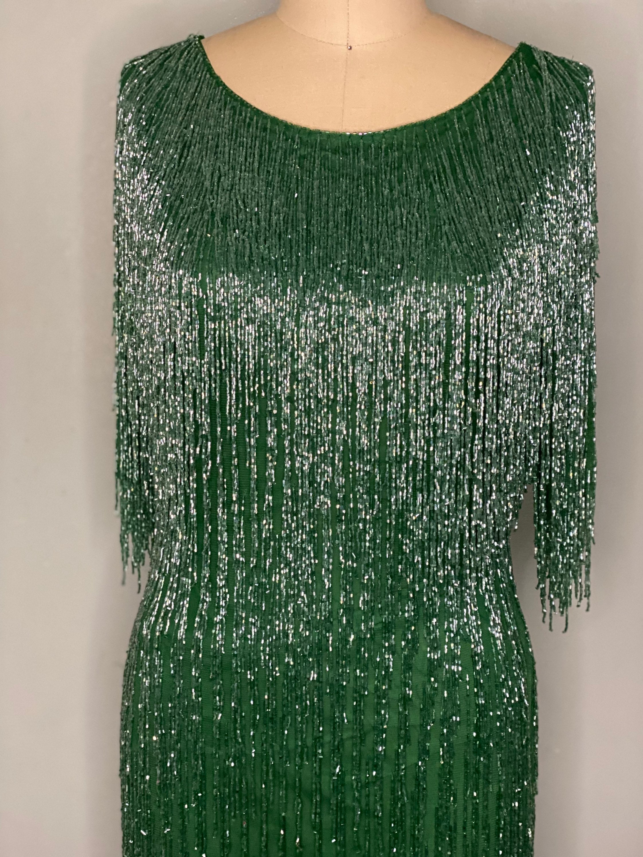 Hand Made Green Long Beaded Fringe Dress Gown /fringe/ Sparkly/ Fringe ...