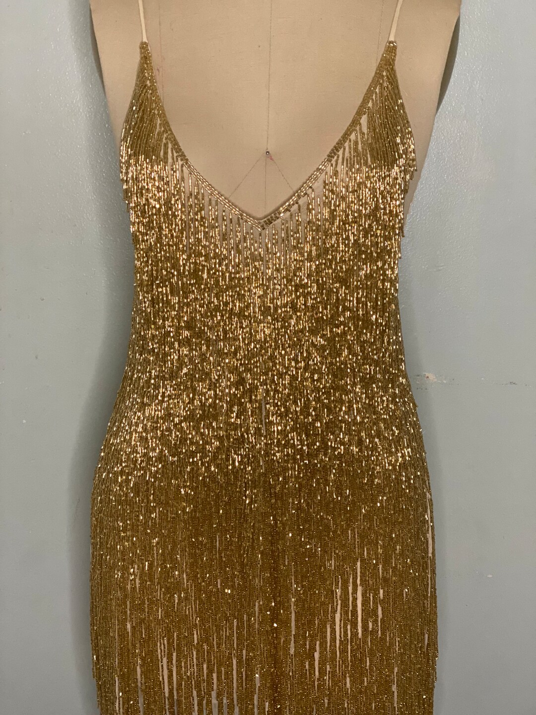 Hand Made Gold Beaded Tassel Dress/ Fringe Tassel Beaded Dress/sparkly ...