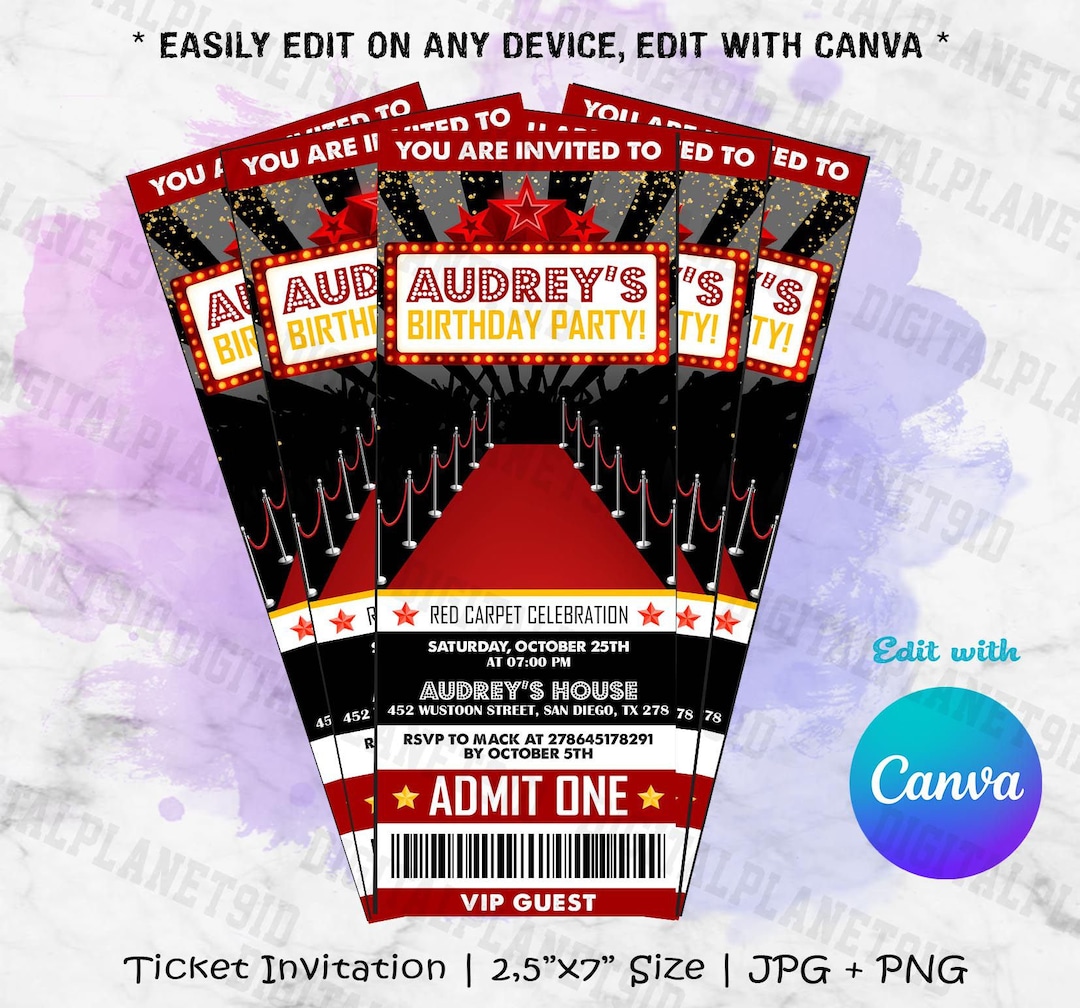 Editable Red Carpet Ticket Invitation, Hollywood Movie Party Invite ...
