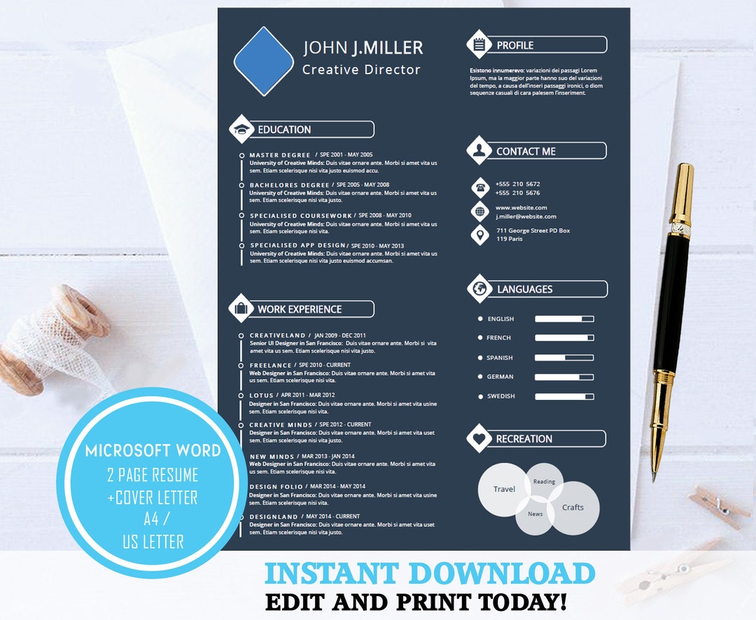 Resume Templates Cover Letter / A4 for MS Word 123 - Etsy