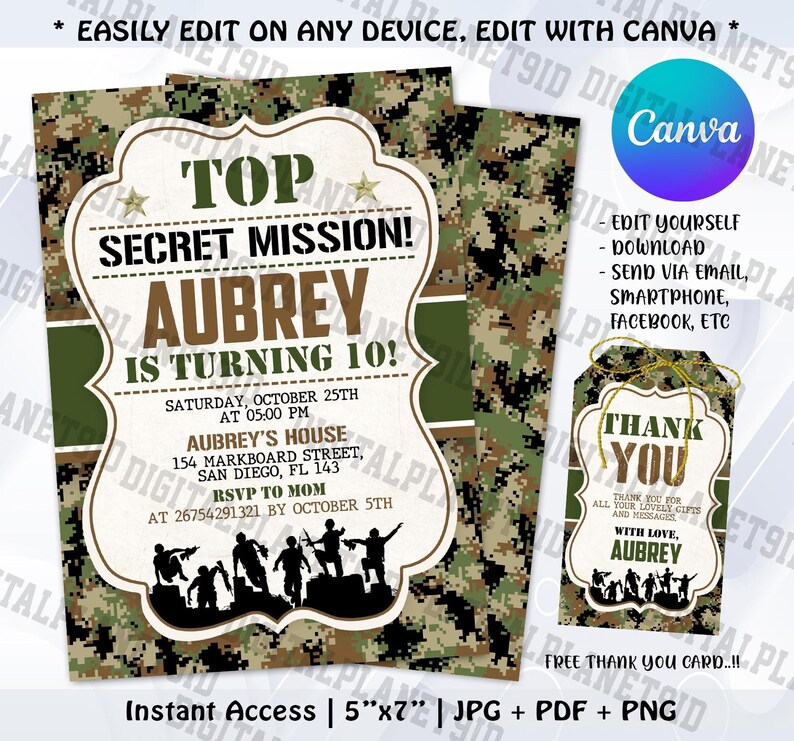 Army Birthday Invitation, Military Party Invitations, Soldier Birthday ...