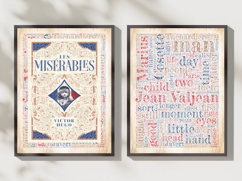 Les Miserables Book Cover & Word Cloud Art, Set of 2 Prints, Victor ...