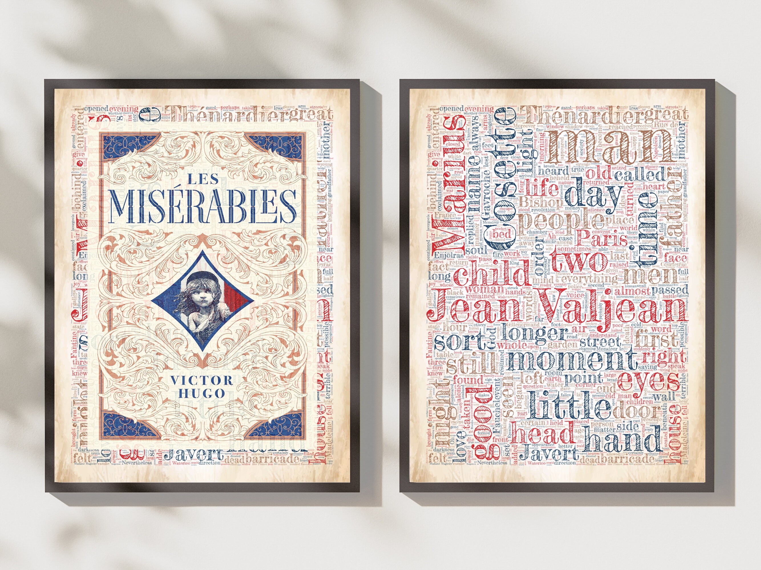 Les Miserables Book Cover & Word Cloud Art, Set of 2 Prints, Victor ...