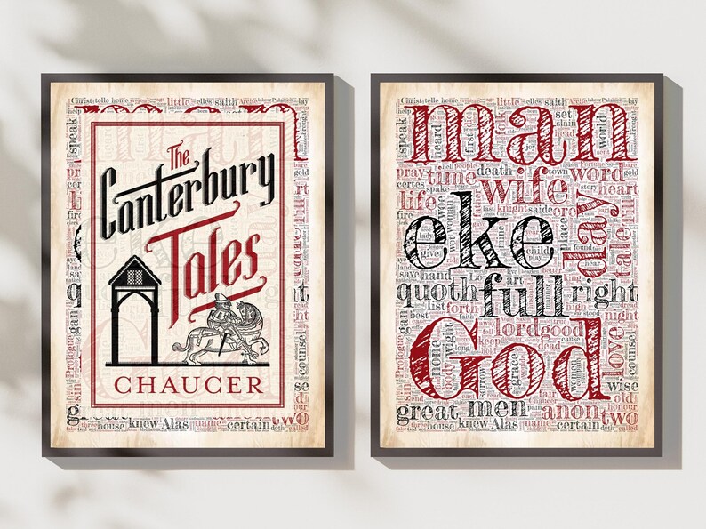 The Canterbury Tales Book Cover and Word Cloud Art, Geoffrey Chaucer ...