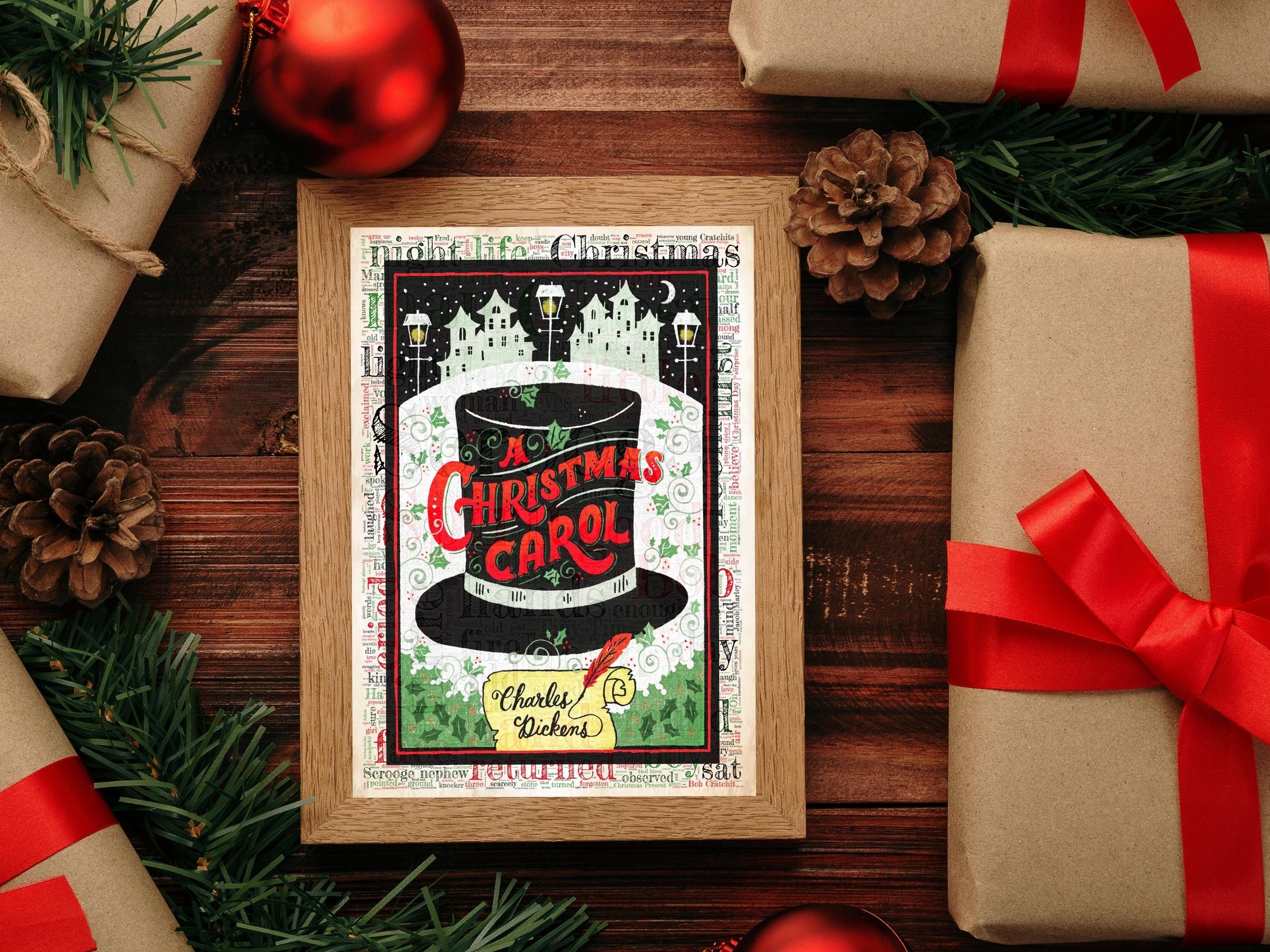 A Christmas Carol Book Cover and Word Cloud Art, Set of 2 Digital Prints, Charles Dickens Book ...