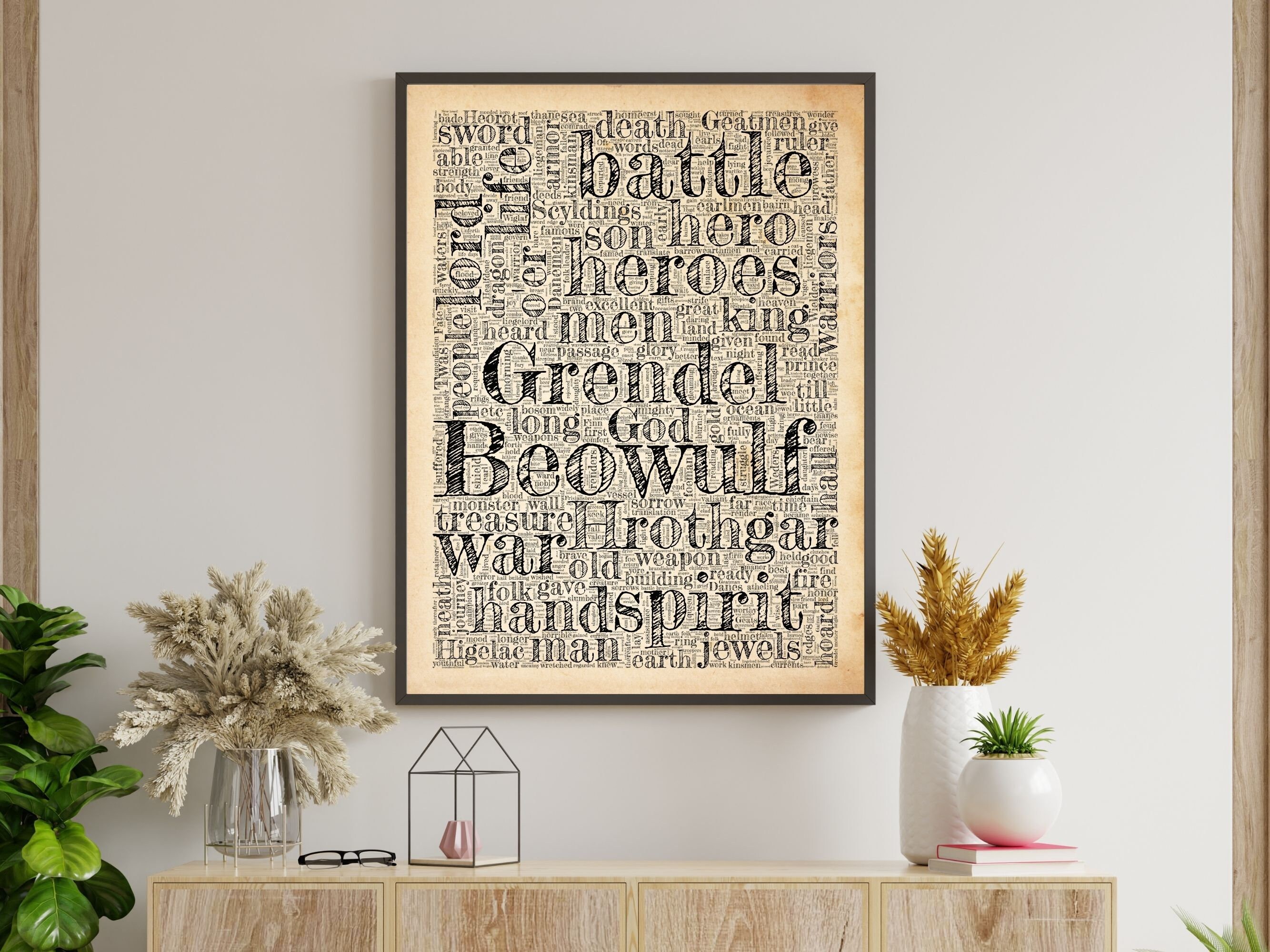 Beowulf Word Cloud Art Featuring 2000 Words of the Book, Vintage ...