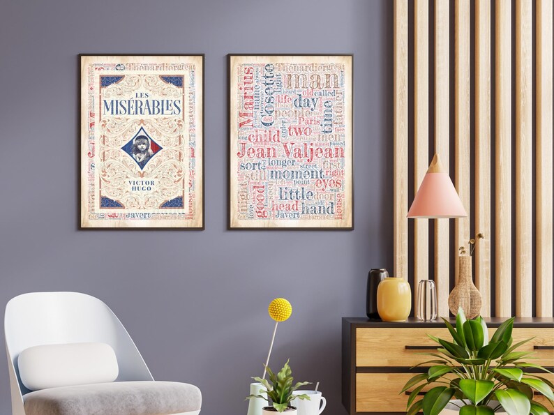 Les Miserables Book Cover & Word Cloud Art, Set of 2 Prints, Victor ...