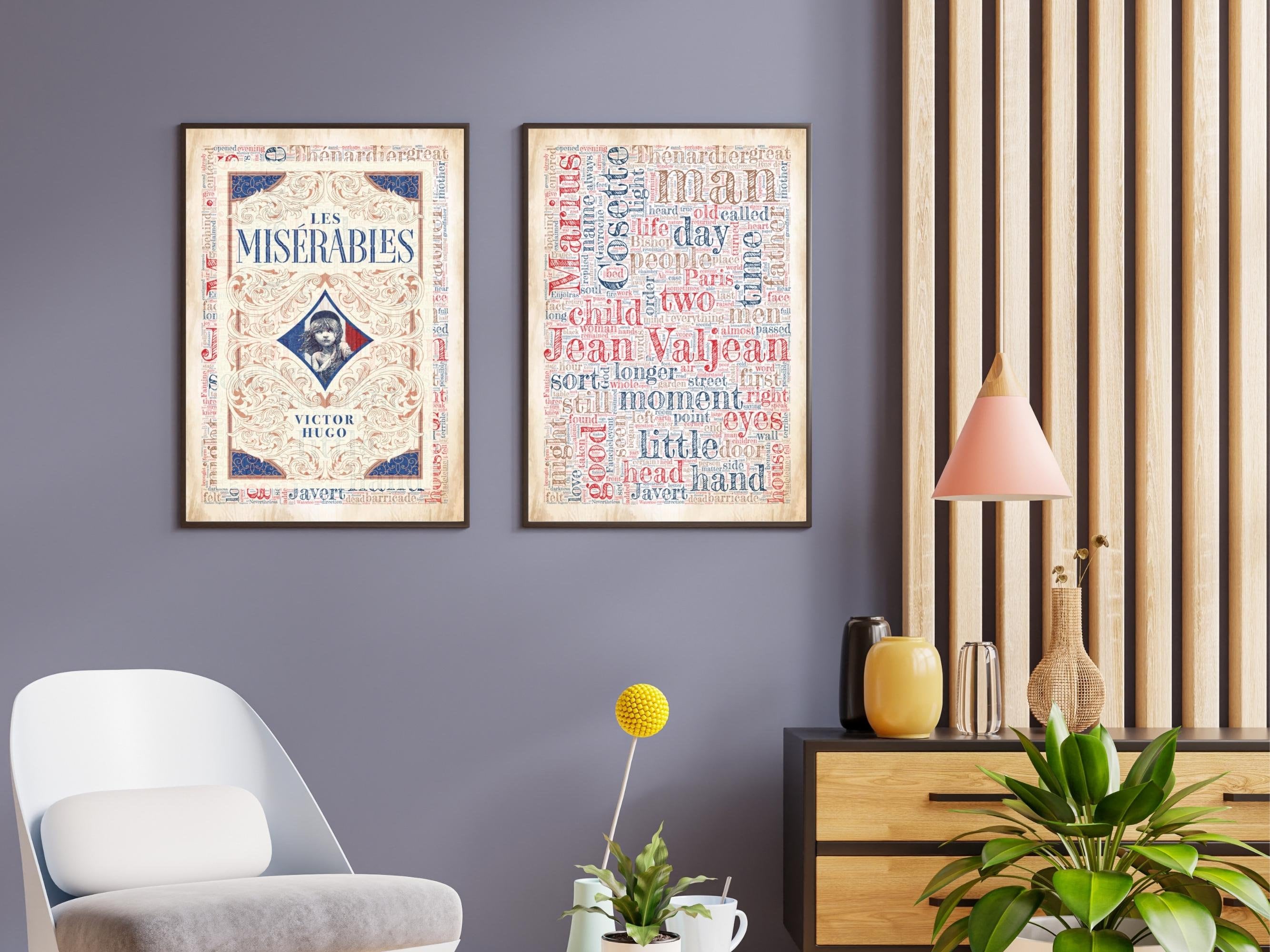 Les Miserables Book Cover & Word Cloud Art, Set of 2 Prints, Victor ...